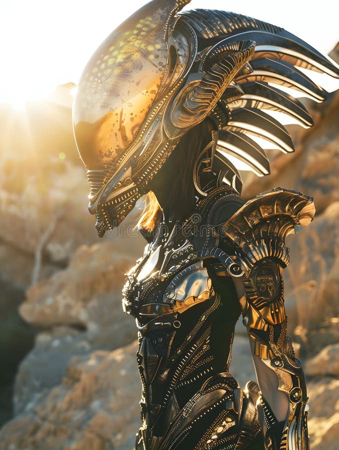 Futuristic Alien Warrior in High-tech Armor with Sunset Background ...