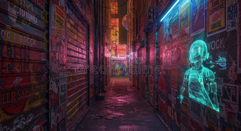 Futuristic Alleyway Cyberpunk Scene with Neon Lights and Digital ...