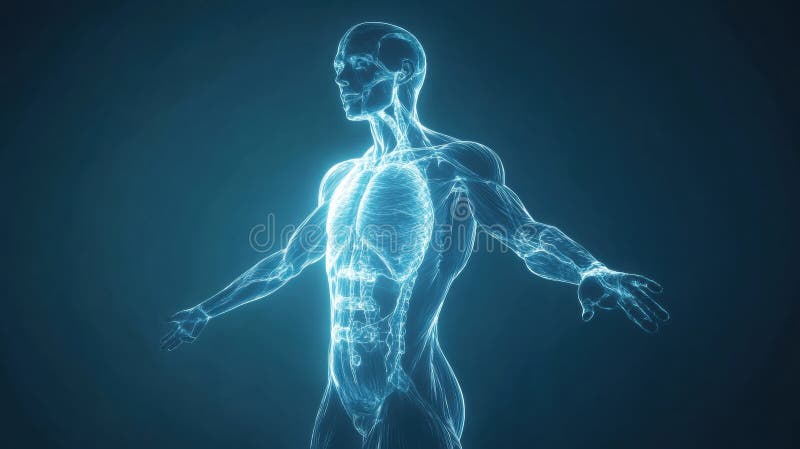 Translucent Human Silhouette with Glowing Muscle System in a Dark ...
