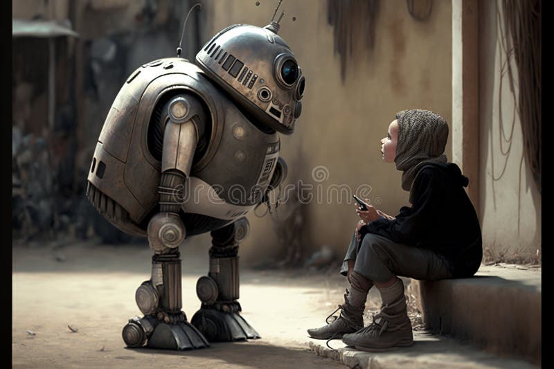 Futuristic Android or AI Cyborg Robot Talking To a Human. Artificial ...