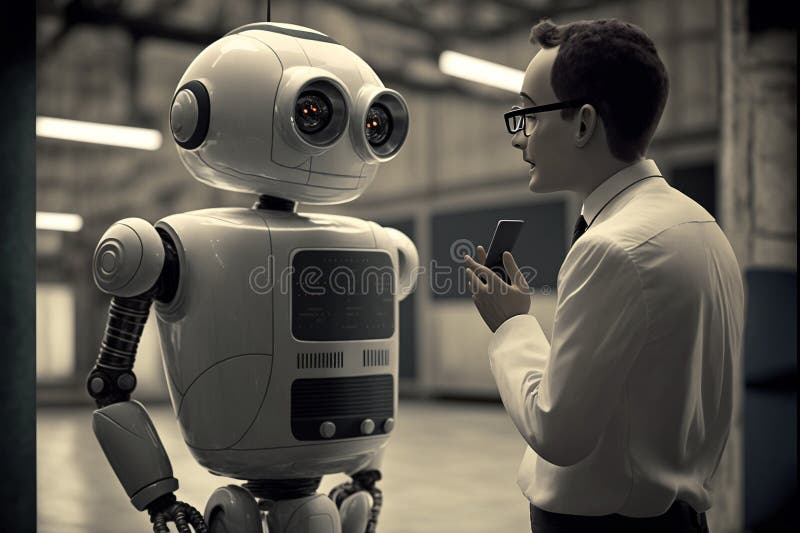 Futuristic Android or AI Cyborg Robot Talking To a Human. Artificial ...