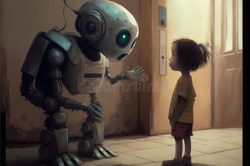 Futuristic Android or AI Cyborg Robot Talking To a Human. Artificial ...