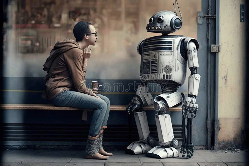 Futuristic Android or AI Cyborg Robot Talking To a Human. Artificial ...