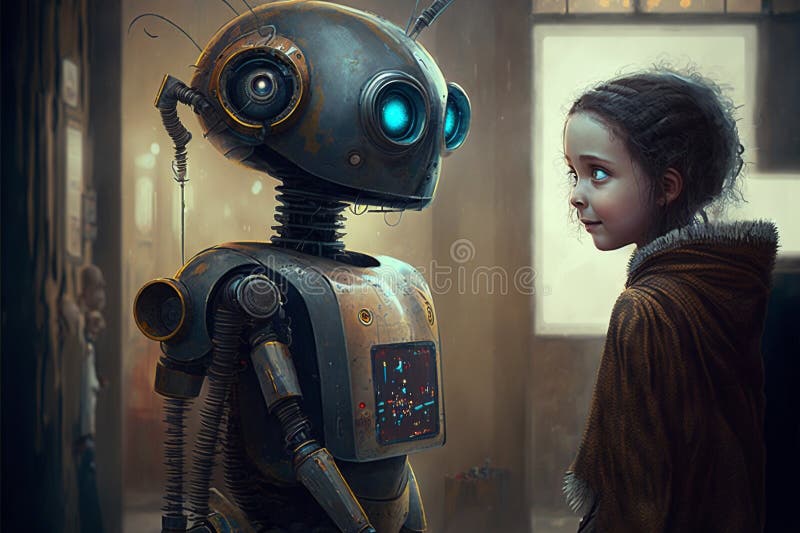 Futuristic Android or AI Cyborg Robot Talking To a Human. Artificial ...