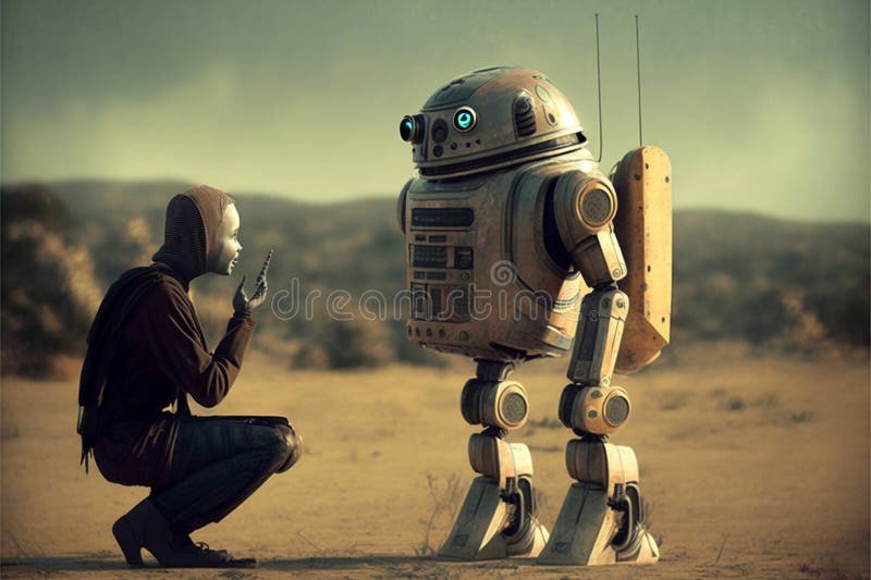 Futuristic Android or AI Cyborg Robot Talking To a Human. Artificial ...