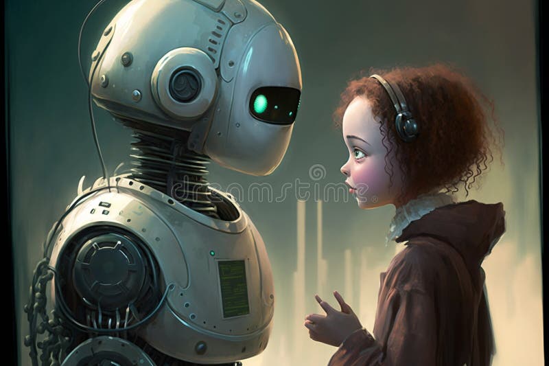 Futuristic Android or AI Cyborg Robot Talking To a Human. Artificial ...