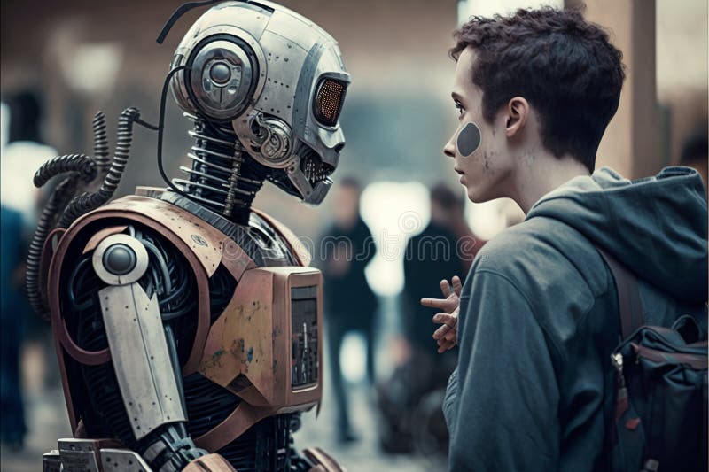 Futuristic Android or AI Cyborg Robot Talking To a Human. Artificial ...