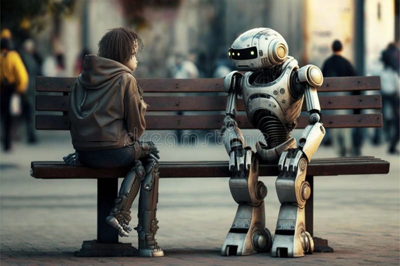 Futuristic Android or AI Cyborg Robot Talking To a Human. Artificial ...
