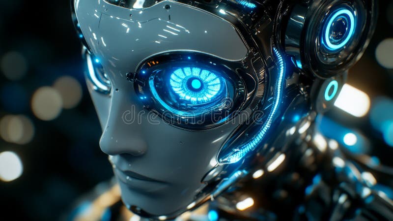 Futuristic Android with Blue Eyes and Cybernetic Components Stock Image ...