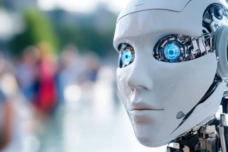 Futuristic Android with Blue Led Eyes in Urban Environment Stock Photo ...