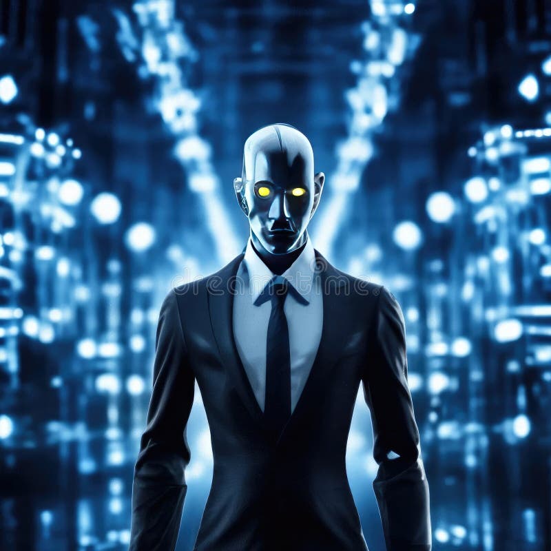 Futuristic Android in Business Attire Standing Against a Digital ...