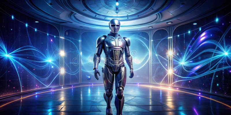 A Futuristic Android Calmly Walks through a Technologically Advanced ...