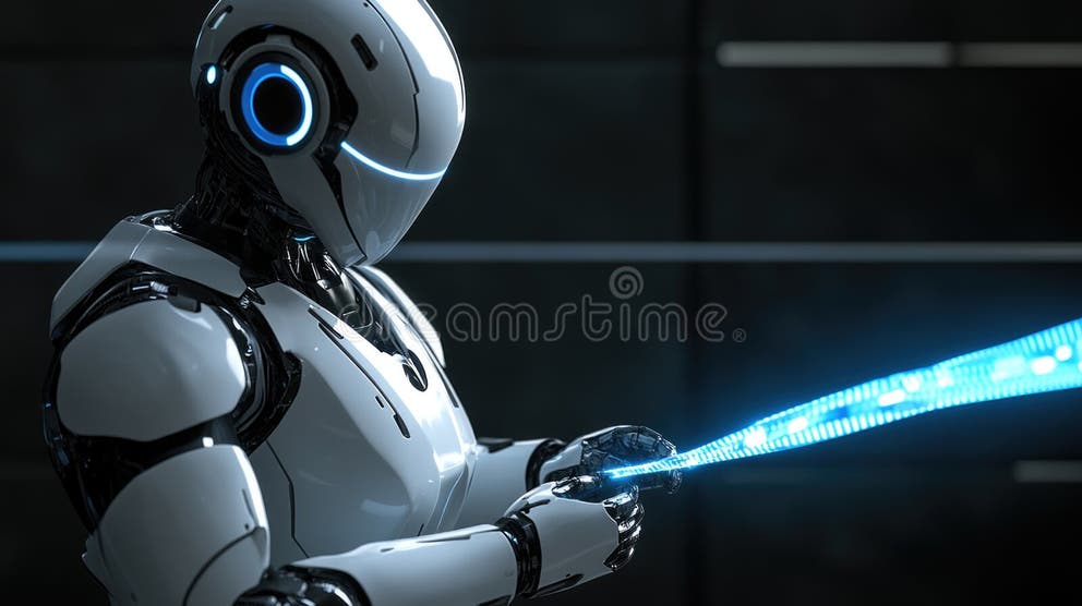 Futuristic Android in Dark Room Handling Glowing Holographic Display ...