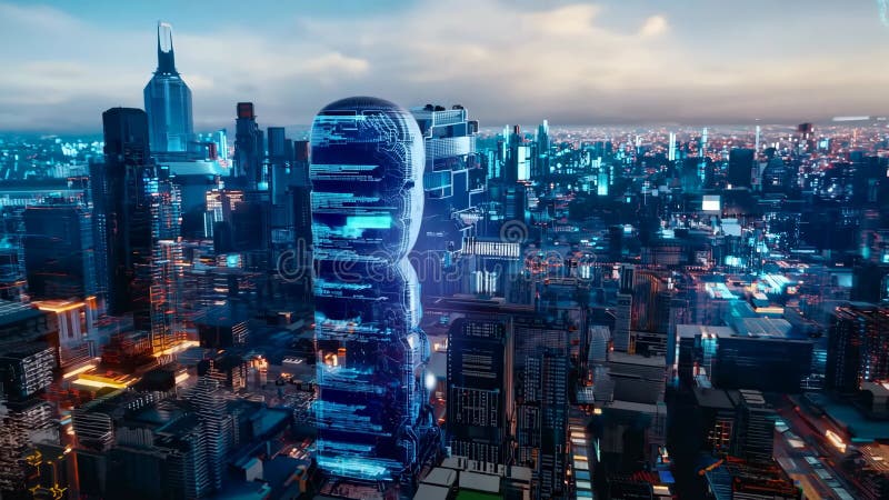 Futuristic Android with a Digital Core in a High-tech Corridor at Night ...