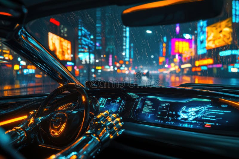 Futuristic Android Driving a Self-driving Electric Car with Holographic ...