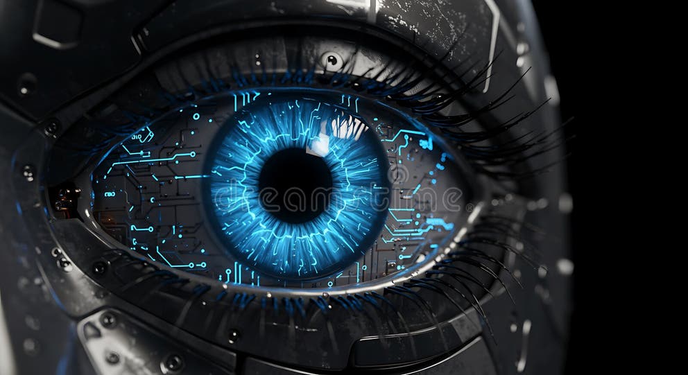 Futuristic Android Eye Featuring a Detailed Blue Iris with Intricate ...