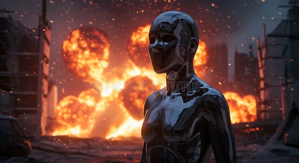 Futuristic Android Figure Confronts Destruction Technology and Ai ...