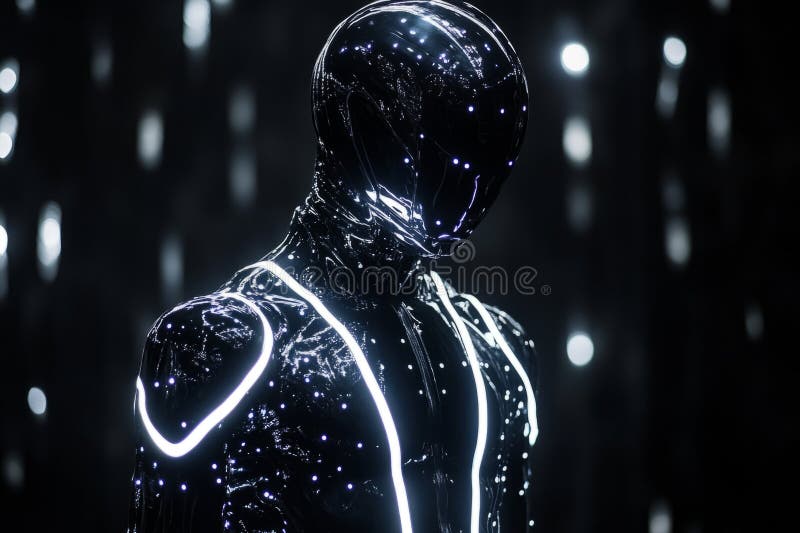 Futuristic Android with Glowing Suit Standing in a Dark Environment ...