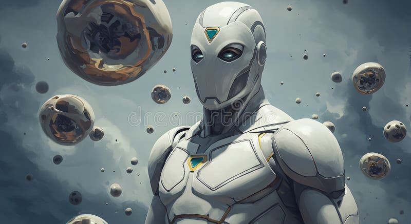 Futuristic Android Guardian Standing Amidst Celestial Spheres in a ...