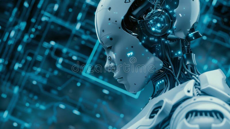 Futuristic Android Head Against a Digital Backdrop Stock Photo - Image ...