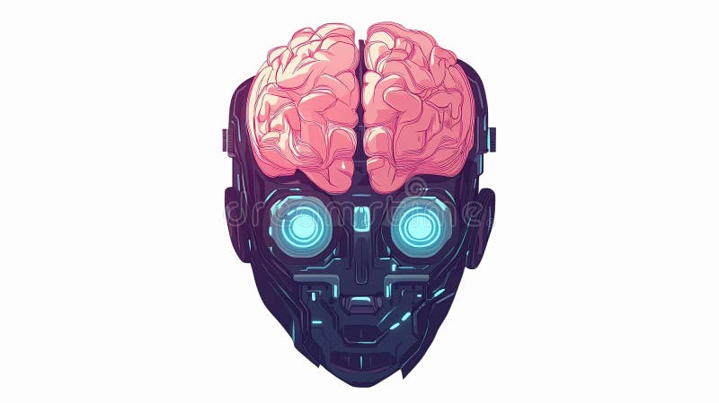 Futuristic Android Head with Neon Brain and Glowing Eyes Representing ...