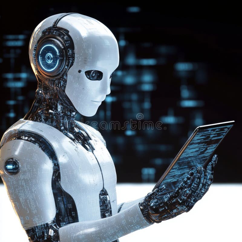 Futuristic Android with Headphones Analyzing Data on a Transparent ...