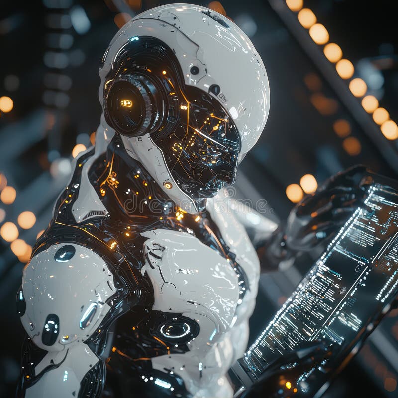 Futuristic Android Holding Digital Panel in High-Tech Environment ...