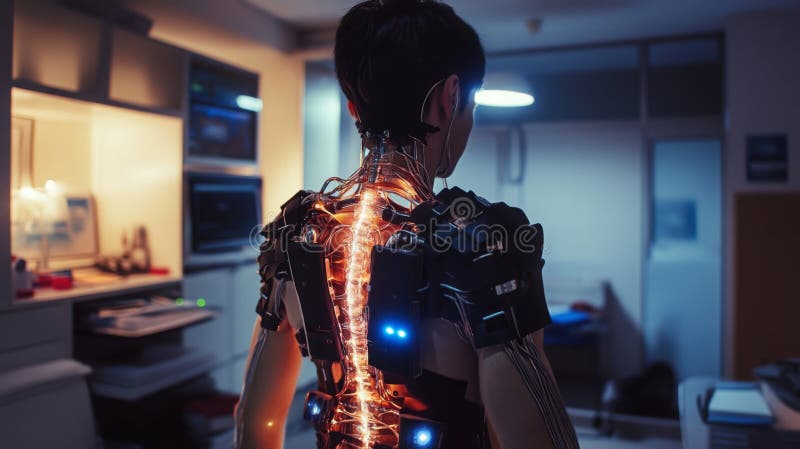 A Futuristic Android with Illuminated Spine in a Modern Lab Setting at ...