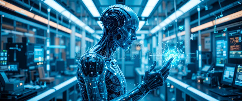 Futuristic Android Interacting with Data in a Blue-Lit Laboratory Stock ...