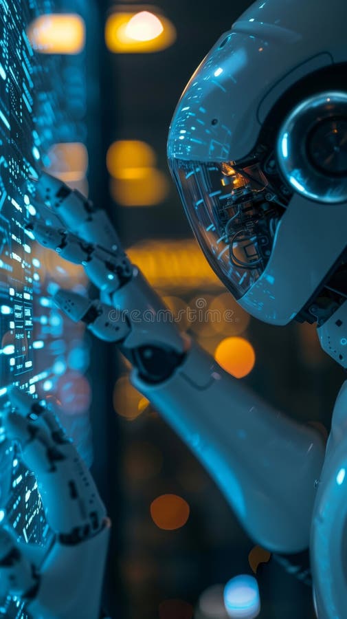 Futuristic Android Interacting with Digital Interface in a Cityscape ...