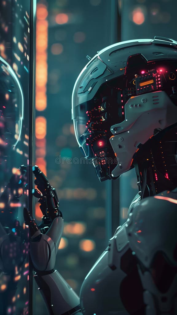 Futuristic Android Interacting with Digital Interface in a Cityscape ...