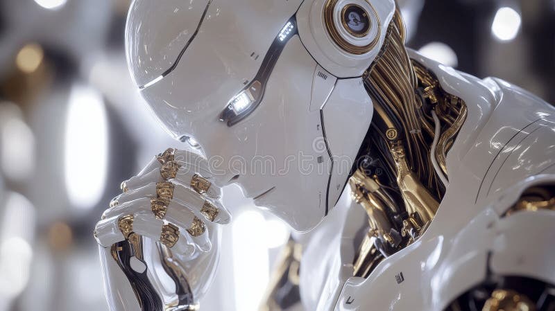 Futuristic Android with Intricate Design in Thoughtful Pose Stock ...