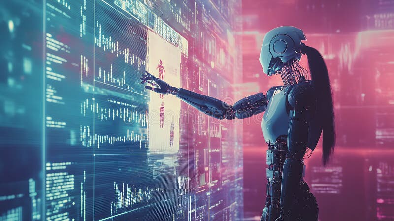 A Futuristic Android with Long Black Ponytail Interacts with a Digital ...