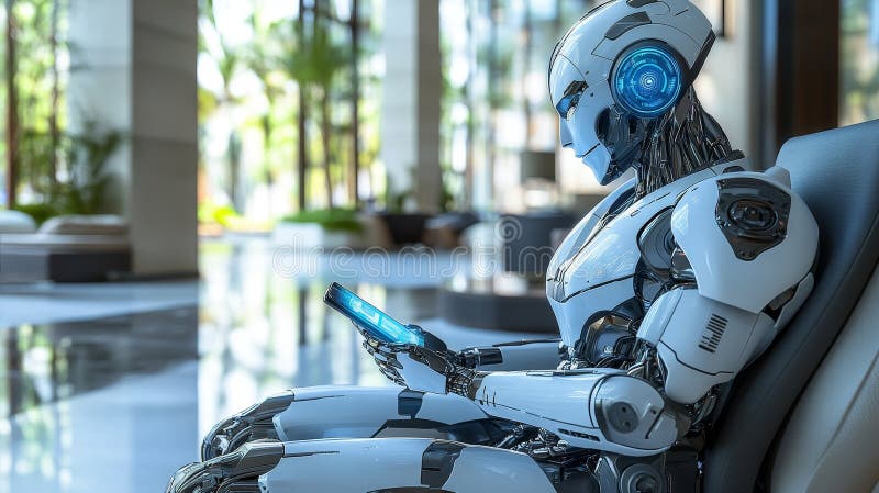 Futuristic Android in a Modern Interior Browsing on a Smartphone ...