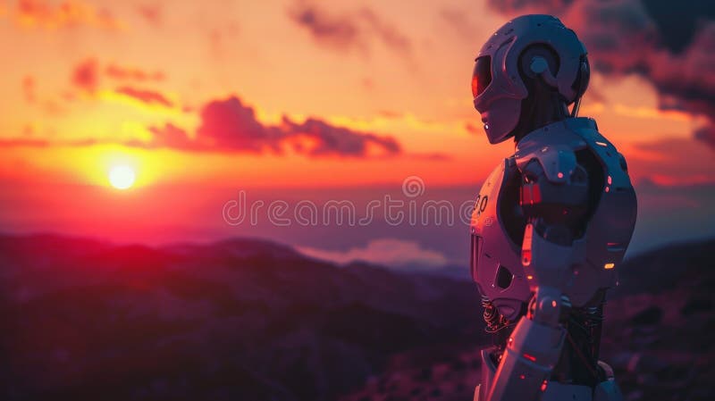 Futuristic Android Observing Stunning Sunset in Mountains Stock Photo ...