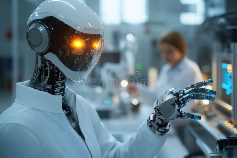 Futuristic Android Operates Robotic Arm in Modern Factory Setting ...