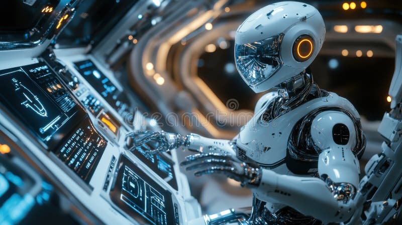 Futuristic Android Operating Spaceship Controls Inside High-tech ...