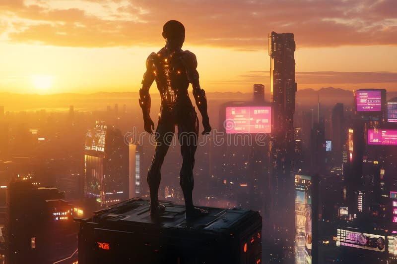 Futuristic Android Overlooking Sunset Cityscape with Neon Towers Stock ...