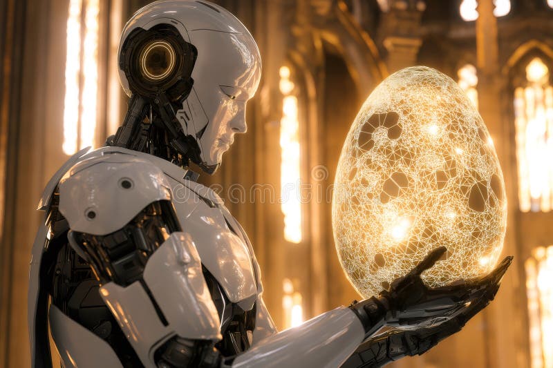 Robot Priest Holding Glowing Easter Egg in Church, Artificial ...