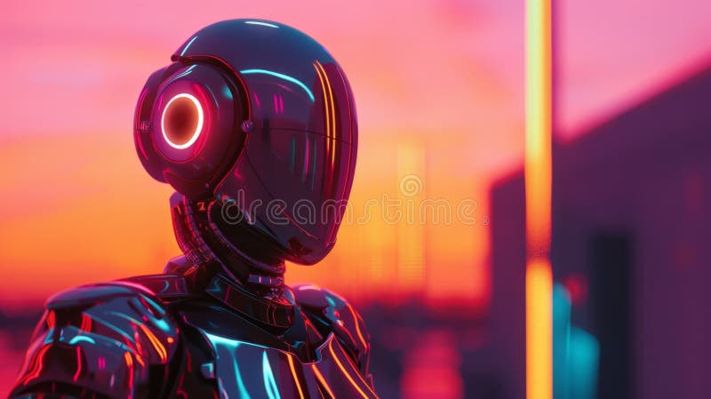 Futuristic Android with Reflective Chrome Exterior at Sunset Stock ...