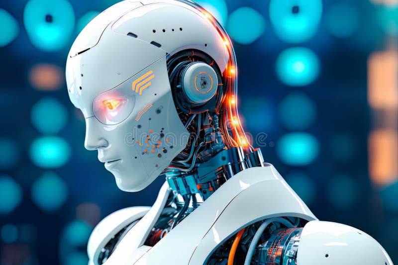 Futuristic Android Robot or Cyborg on the Background of the City ...