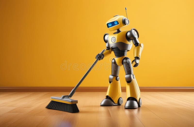 Futuristic Android Robot Made of Metal Sweeping Floor. Home Assistant, Future Technologies, AI ...