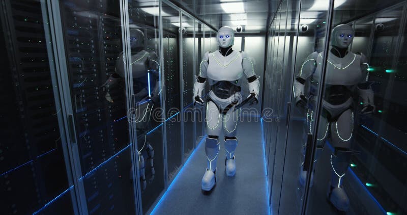 Futuristic Android Robot Working in Server Room Stock Image - Image of ...