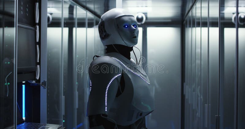Futuristic Android Robot Working in Server Room Stock Image - Image of ...