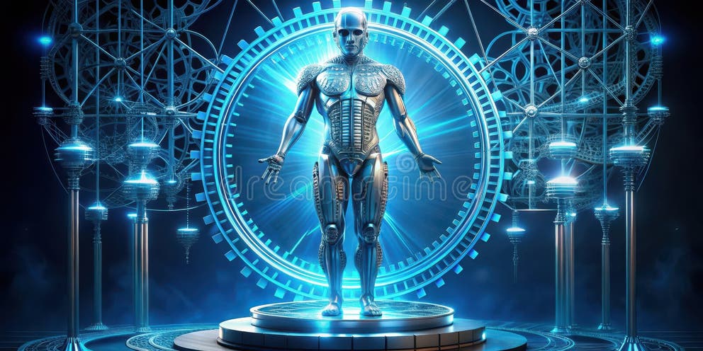 A Futuristic Android Unveiled within a Complex Mechanical Apparatus ...