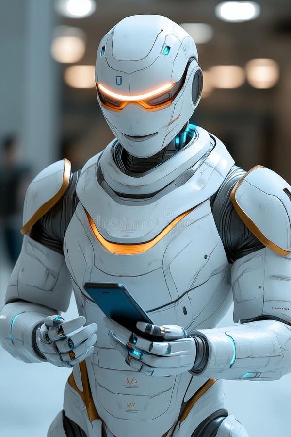 Futuristic Android Using Smartphone, Modern Technology Concept. 3D ...