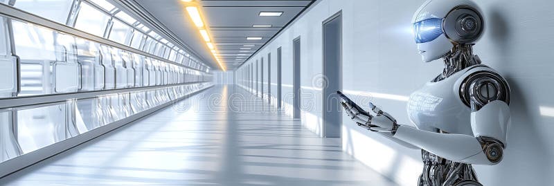 Futuristic Android Using Smartphone, Standing in Corridor of Modern ... Futuristic Android Using Smartphone, Standing in Corridor of Modern ...