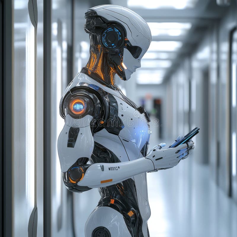 Futuristic Android Using Tablet, Advanced Technology, Robotics ...