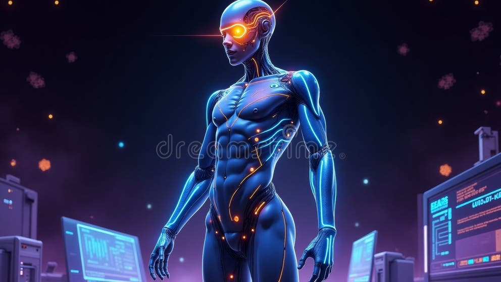Futuristic Android Working in High-tech Laboratory Analyzing Data on Computer Screens Stock ...