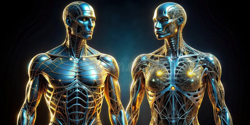Futuristic Androids with Intricate Internal Systems Stand Facing Each ...